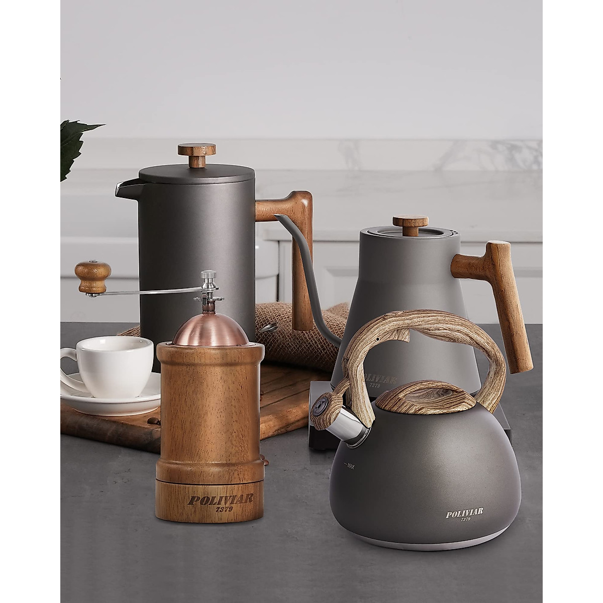 POLIVIAR French Press Coffee Maker, 34 Ounce Coffee Press with Real Wood Handle, Double Wall Insulation & Dual-Filter Screen, Food Grade Stainless Steel for Good Coffee and Tea (Cliff)