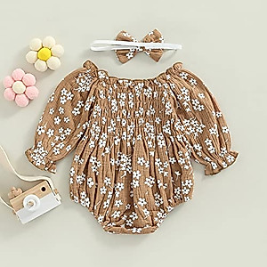 2pcs Infant Baby Girls Romper Headband 0-24M Ruffles Long Sleeve Off Shoulder Flowers Printed Sweet Jumpsuit (Brown, 0-6 Months)