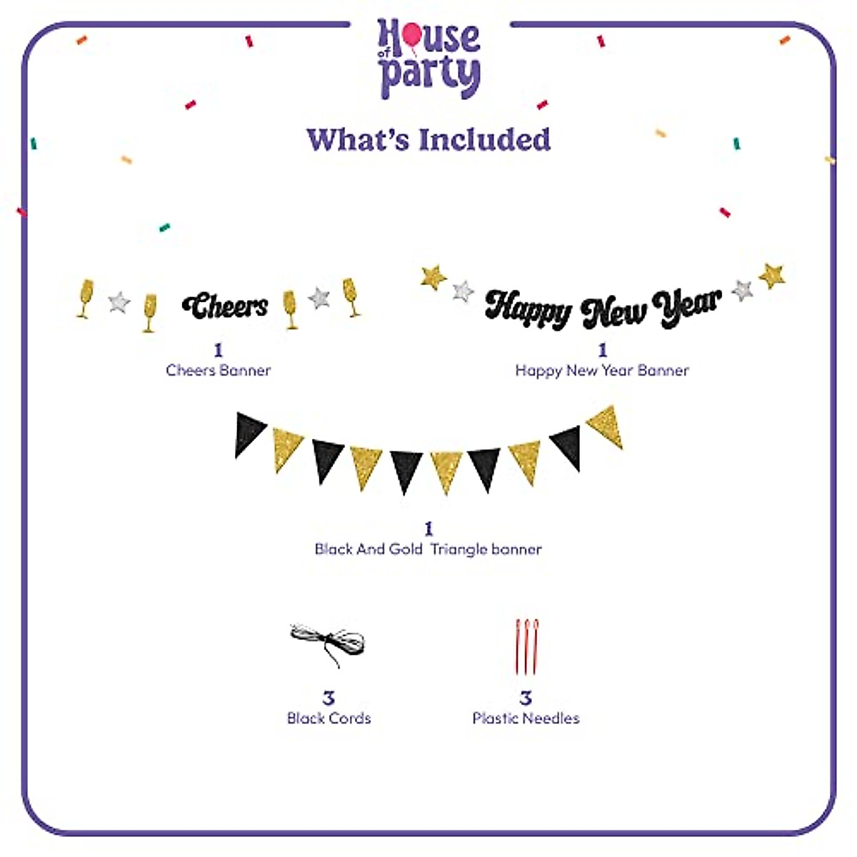 HOUSE OF PARTY New Year Paper Banner Pack - Cheers, Happy New Year, Triangle Banner - Silver Gold and Black Glitter New Years Decor NYE Decorations 2022