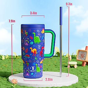 Meoky 24 oz Tumbler with Handle and Straw, 100% Leak-proof Tumbler with Lid and Straw, Insulated Stainless Steel Travel Coffee Mug, Keeps Cold for 24 Hours (Dinosaur & Flamingo)
