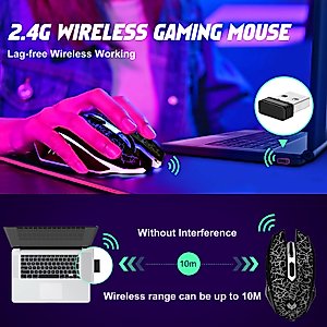 LuLabboard Wireless Gaming Mouse, Rechargeable Wireless Computer Mouse, 7-Color LED Light, Ergonomic Mouse with 6 Silent Click Buttons, 3 Adjustable 2400 DPI Wireless Mouse for Laptop,PC,Mac, Black