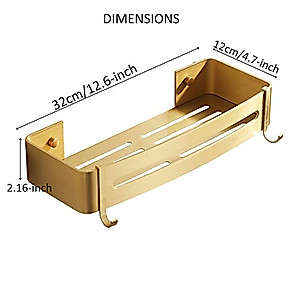 Brushed Gold Shower Shelf Adhesive or Drilling Shower Caddy Bathroom Cosmetic Shelf with Hooks