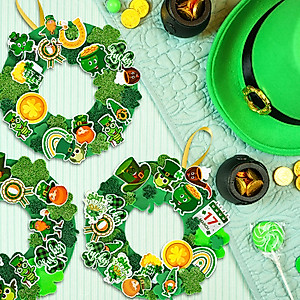 Whaline 12Pcs St. Patrick's Day Foam Wreath Crafts with 400Pcs Glitter Green Shamrock Hat Elf Gold Coin Stickers and Yellow Ribbons DIY Foam Wreath Signs for Kids St. Patrick's Day Party Art Project