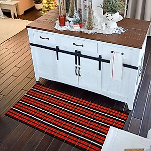 Buffalo Plaid Outdoor Rug Christmas Door Mat Christmas Decor Welcome Rug Cotton Hand-Woven Layered Door Mats for Front Porch, Kitchen, Farmhouse, Entryway (24"x51", Red/Black/White)