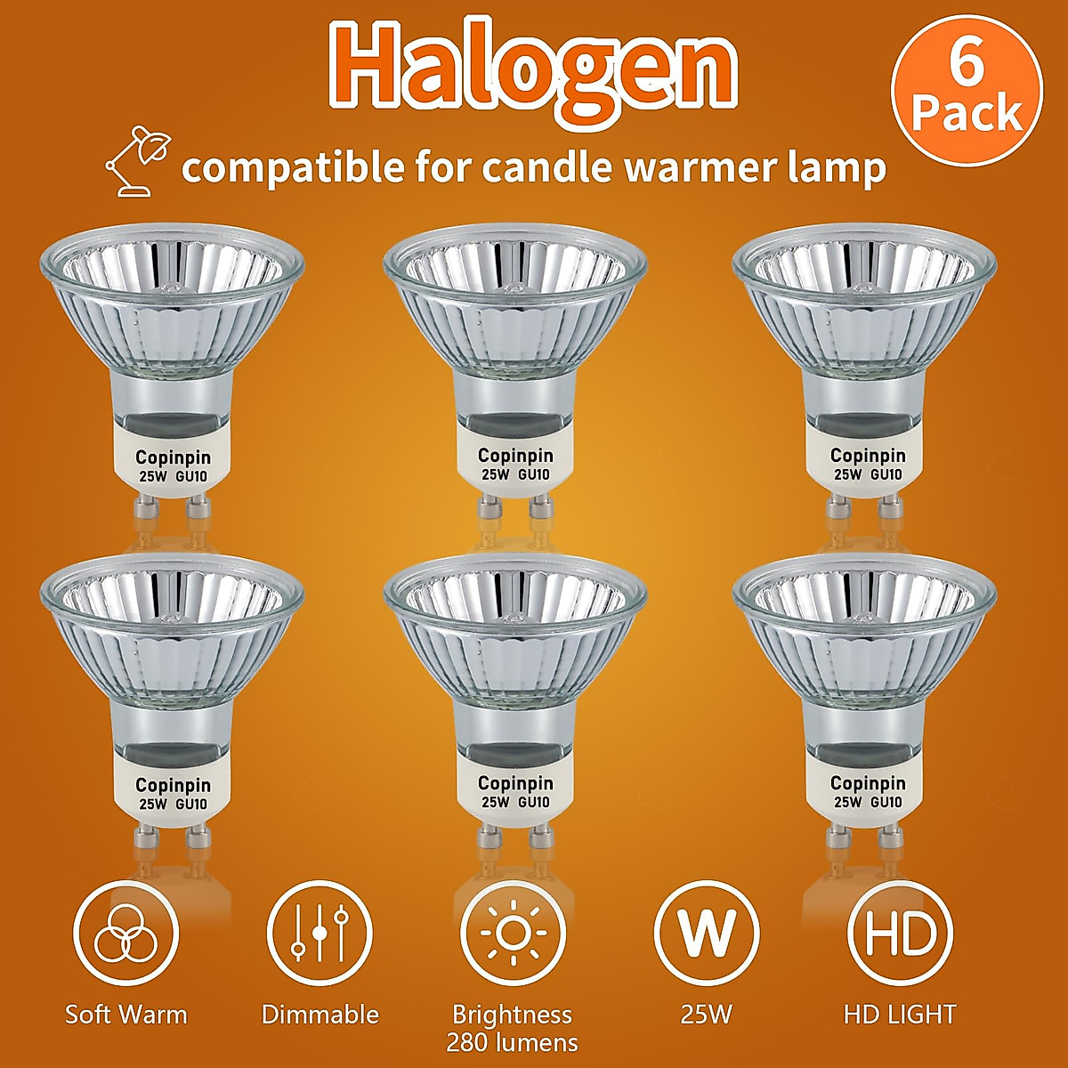 copinpin GU10 Light Bulb 120V 25W 6pcs Candle Warmer, Dimmable Replacement for Candle Warmer Wax Burner Track Light Bulbs, Range Hood Light Bulbs White Light Pack of 6