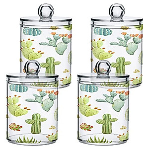 Kigai 2PCS Cactus Qtip Holder Dispenser with Lids - 14 oz Bathroom Storage Organizer Set, Clear Apothecary Jars Food Storage Containers, for Tea, Coffee, Cotton Ball, Floss