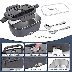 Carsolt Electric Lunch Box Food Heater 3 in 1 Portable Food Warmer Leakproof Heated Lunch Box for Adults, 12V/24V 110V Heating Microwave for Car/Home with 1.5L Removable Stainless Steel Container