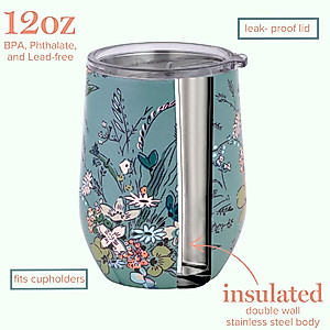 Vera Bradley Insulated Wine Tumbler, 12 Ounce Travel Cup, Green Floral Stainless Steel Tumbler with Lid, Sunlit Garden Greek Sage