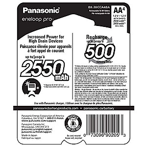 Panasonic BK-3HCCA4BA eneloop pro AA High-Capacity Ni-MH Pre-Charged Rechargeable Batteries, 4-Battery Pack