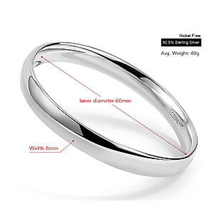 Meilanduo Solid 925 Sterling Silver 8mm High Polished Smooth Circle Bangle Bracelet for Women (Silver-Tone, 60mm for Small)