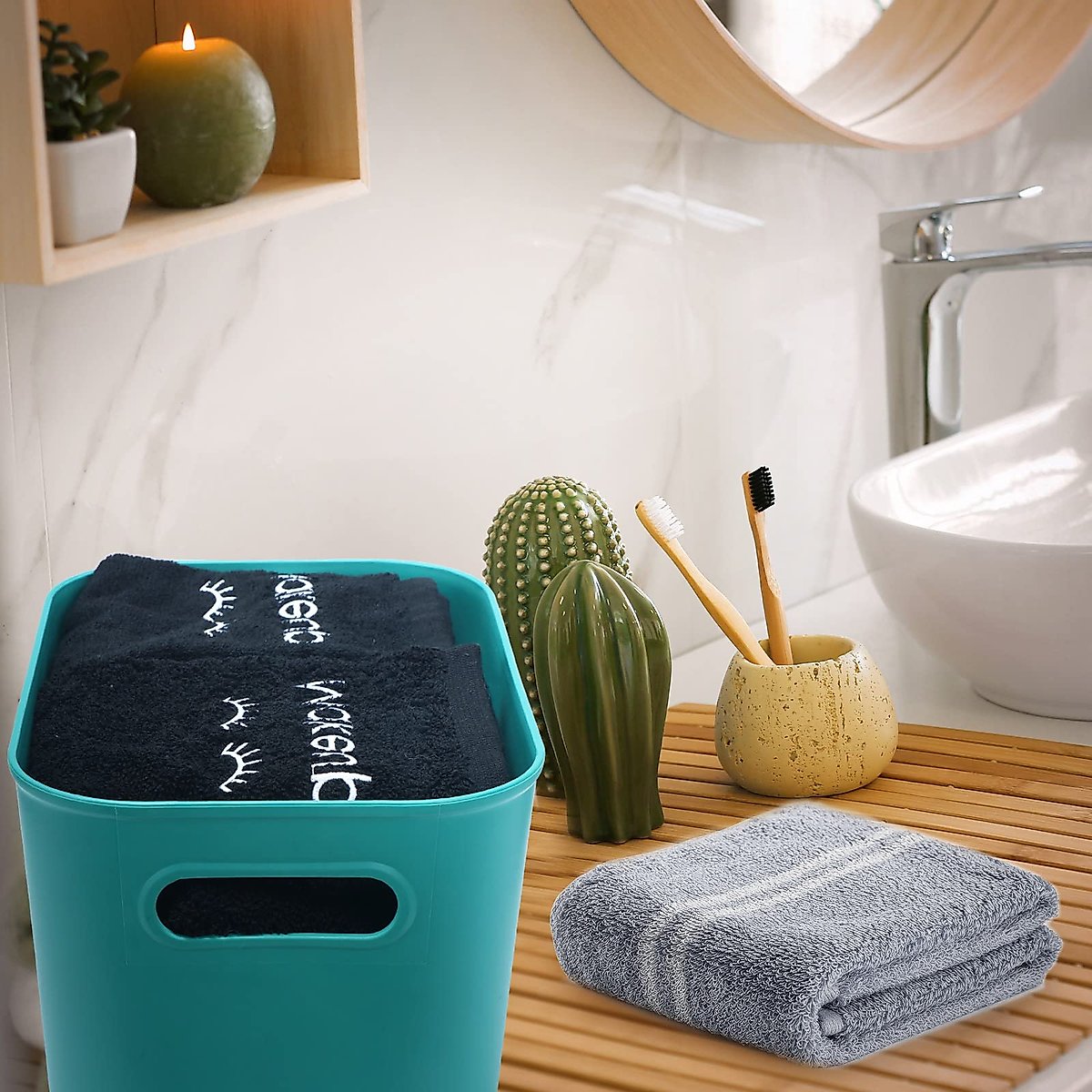 Hoolerry 8 Pieces Colorful Storage Bins with Lid and Handle, Plastic Stackable Baskets Desktop Cube Box Cubby Bins Containers for Shelf Cabinet Bedroom Office (Multi-colored,10.2 x 7 x 6.3 Inch)