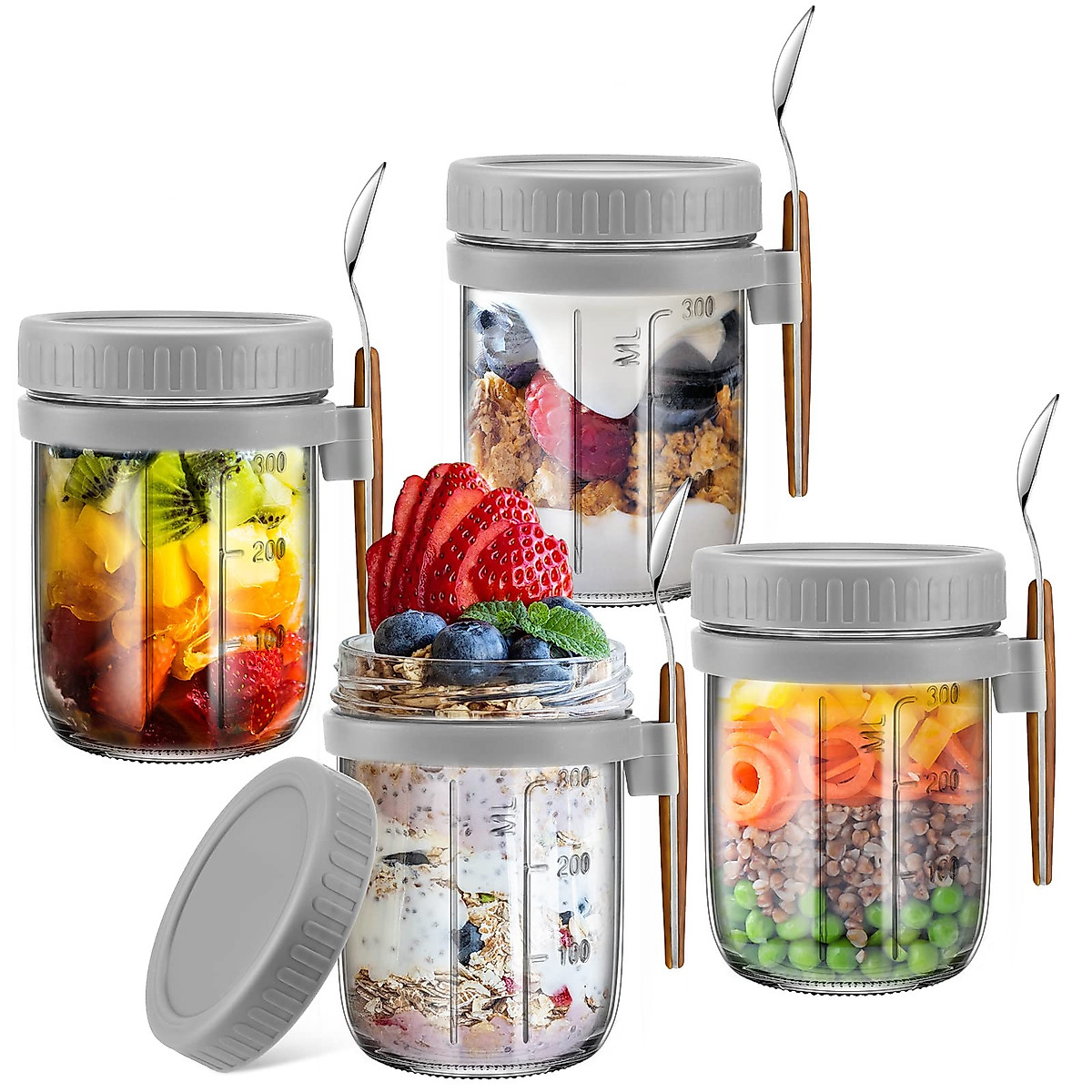 Sieral Set of 4 Overnight Oats Jars with Lid and Spoon Containers 10 oz Airtight Measurement Marks Large Capacity Reusable Oatmeal Container Salad Cup for Cereal Yogurt Milk Vegetables