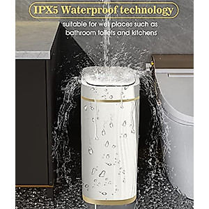 GloDeals Bathroom Trash Can with Lid Automatic Garbage Can, 2 Gallon Slim Smart Trash Can, Small Plastic Trash Bin, Touchless Motion Sensor Trash Can for Bedroom, Bathroom, Office (Cream/Gold Trim)