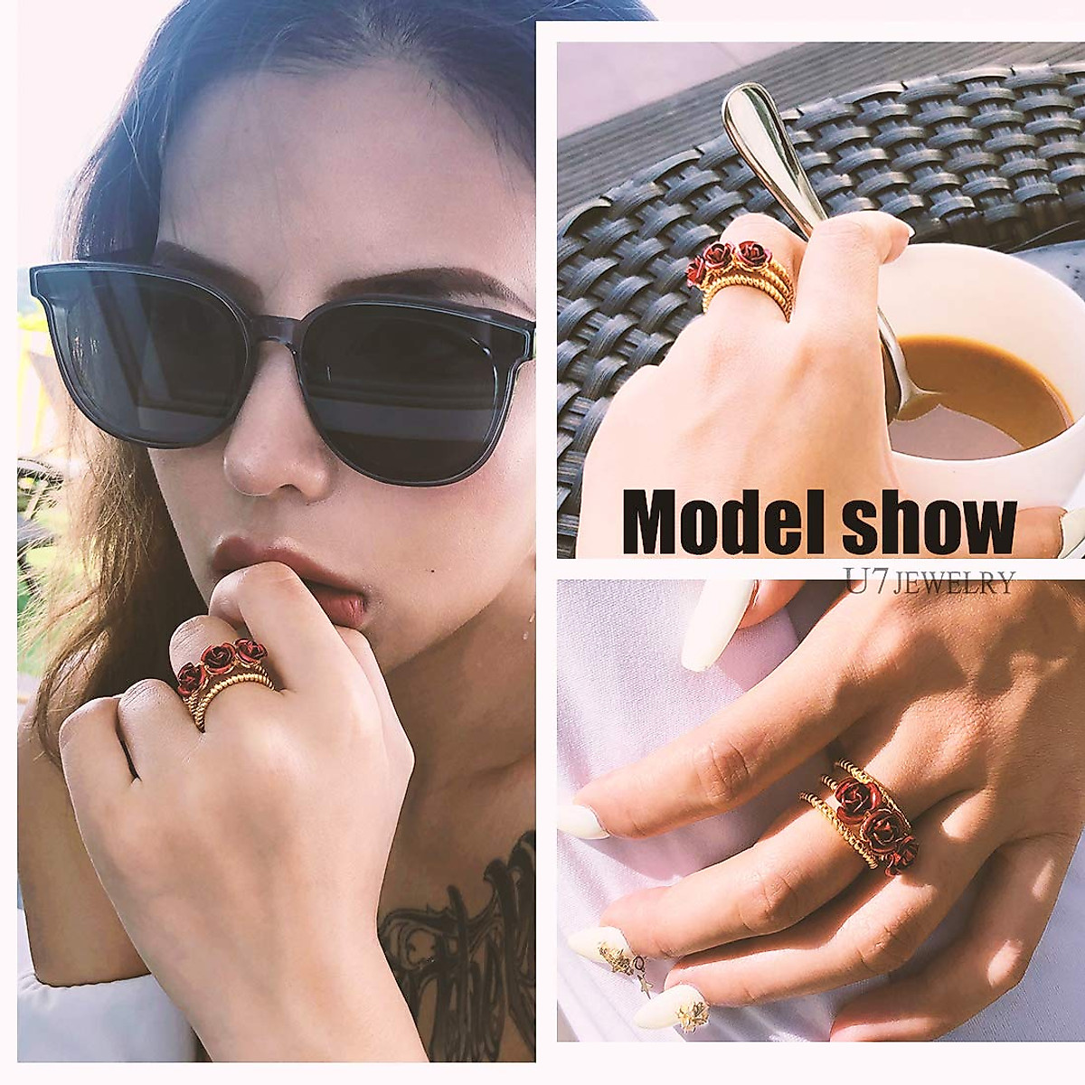 U7 Platinum Silver Statement Ring for Women, 3-Row Band Stacking Red Rose Flower Ring Cocktail Party Jewelry