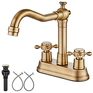 Aolemi Antique Brass 4 Inch Centerset Deck Mounted Bathroom Sink Faucet Vintage with 2 Cross Handles RV Mixer Tap Basin Vanity Lavatory Utility for Sink 3 Hole Include Water Hose & Pop Up Drain