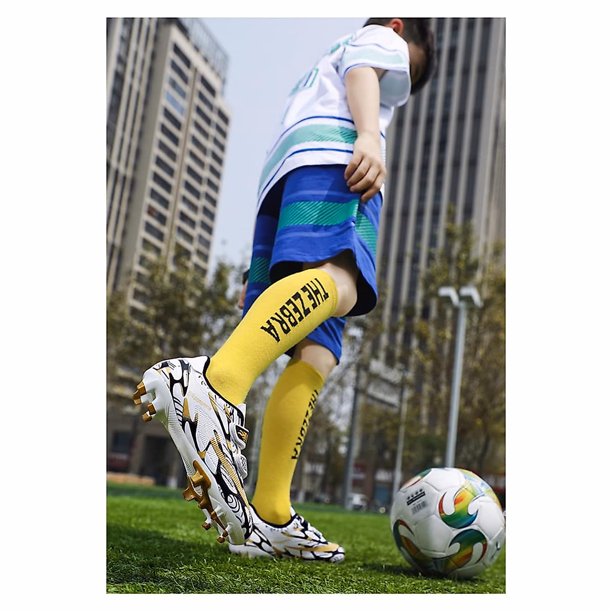 Fenlogft Kids Soccer Cleats Boys Girls Turf/FG/AG Athletic Football Shoes with Tape and Multiple Stud Types, Low-Top Leather Upper Sneakers (Gold Spike,1,Little Kid,Little_Kid)