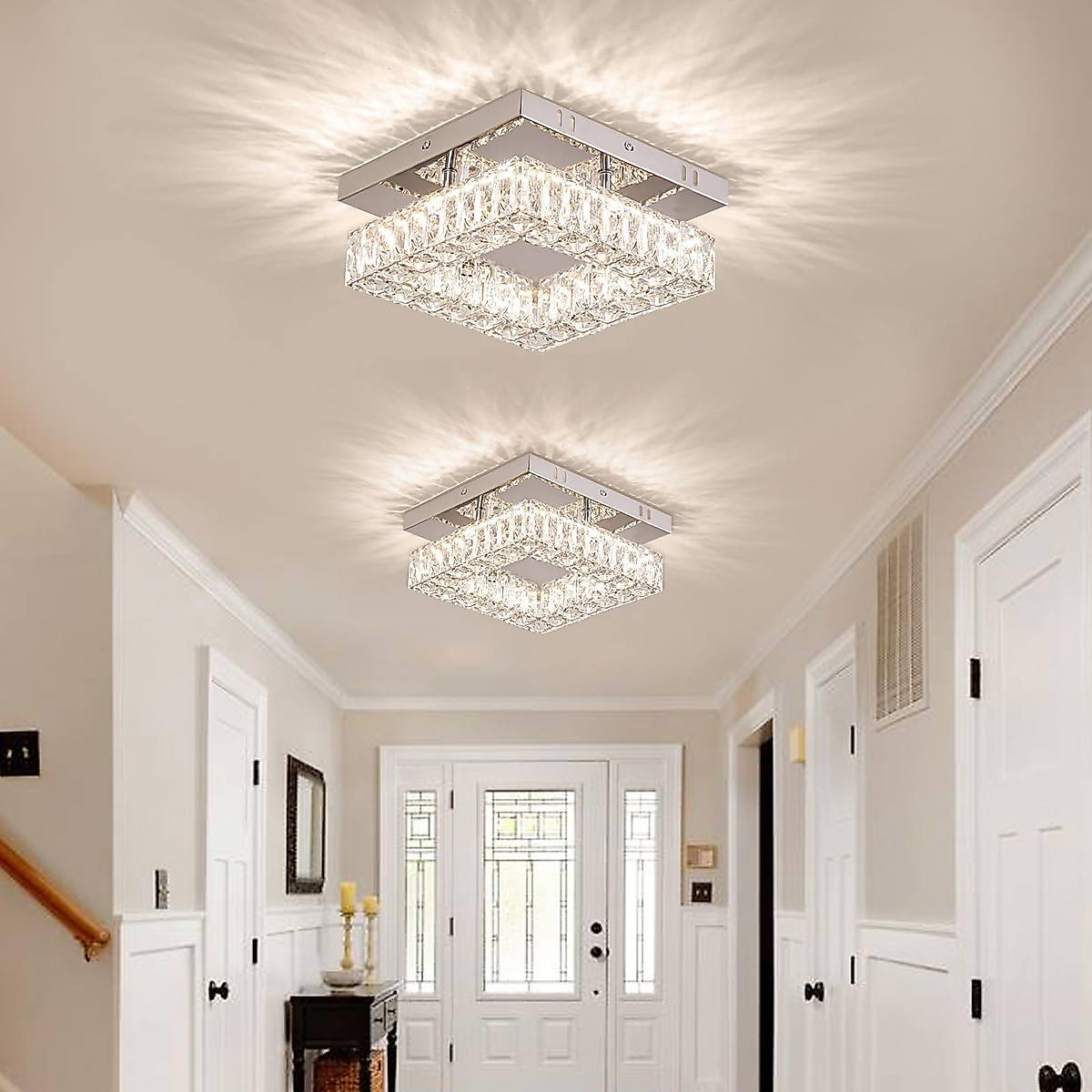 YPQXYHDA 9.8" Modern Crystal Ceiling Light Fixture Mini Square Chandelier Flush Mount Light Fixture Ceiling Lamp for Small Hallway Foyer Entryway Bedroom,3 Colors Adjustable