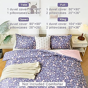 BOLINLIVING Floral Duvet Cover Queen Size 3 Pieces, Flower Duvet Cover with 2 Pillow Shams, Soft Floral Bedding Set Violet and Pink for All Season, Breathable, Zipper Closure…