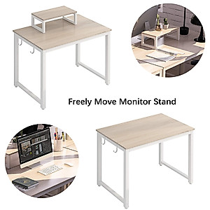 JSB Small Computer Office Desk 39" with Freely Move Monitor Stand and 4 Hooks, Study Writing Table PC Home Office Desk - Natural & White
