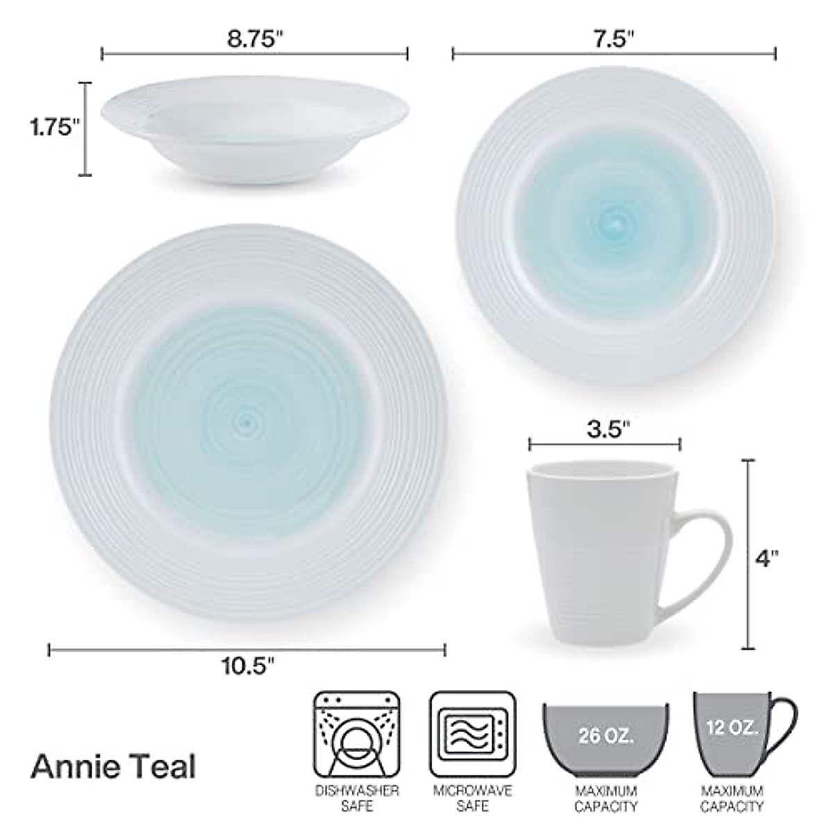 Pfaltzgraff Annie 16 Piece Dinnerware Set, Service for 4, Teal