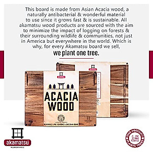 AKAMATSU HOMEWARES | RYOKAN Acacia Wood Cutting Board | Edge Grain XL Cutting Board with Deep Juice Well | 17x13.2x1" Charcuterie Board Serving Platter with Sorting Compartments | Sustainable Gift Box
