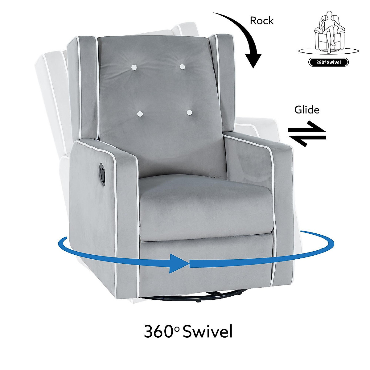 Bond with Your Baby, Relax in Style with Odelia 360° Swivel Glider Rocker Recliner, Nursery Chair with Manual Puller, Plush Cushioning, Soothing Rocking Motion with Microfiber Fabric - Light Gray