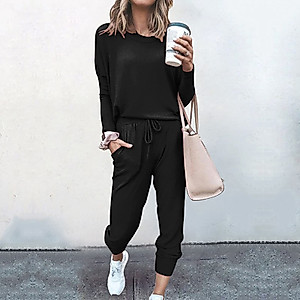 Clearance Today Deals Prime Fall Two Piece Outfits for Women 2025 Plus Size Loose Fit Sweatsuits Tracksuits Jogger Crewneck 2 Piece Lounge Sets A-Black