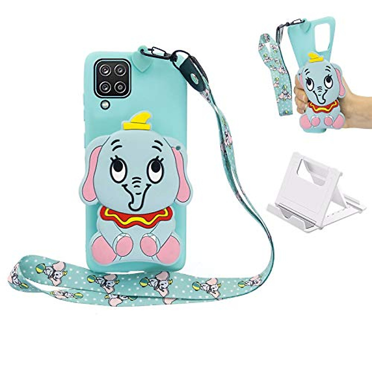 Yewos Coin Purse Case Case Compatible with Samsung Galaxy A12 5G Cute 3D Animals Elephant Cartoon Soft Light Blue Silicone Wallet Case with Wrist Strap,Cool Kawaii Funny Kids Teens Girls Cover