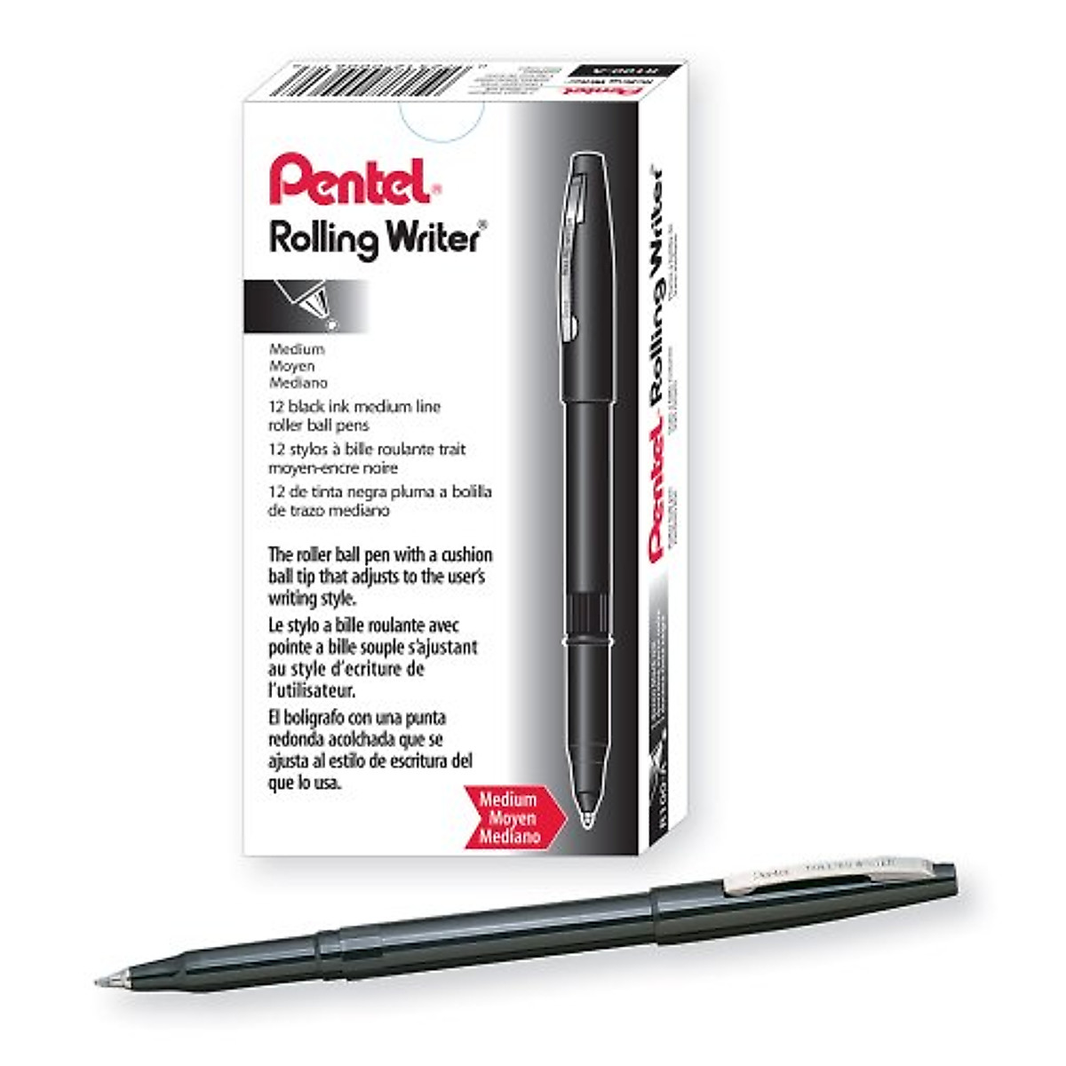 Pentel Rolling Writer Pen, 0.8 Millimeter Cushion Ball Tip, Black Ink, 12 pens (R100-A)