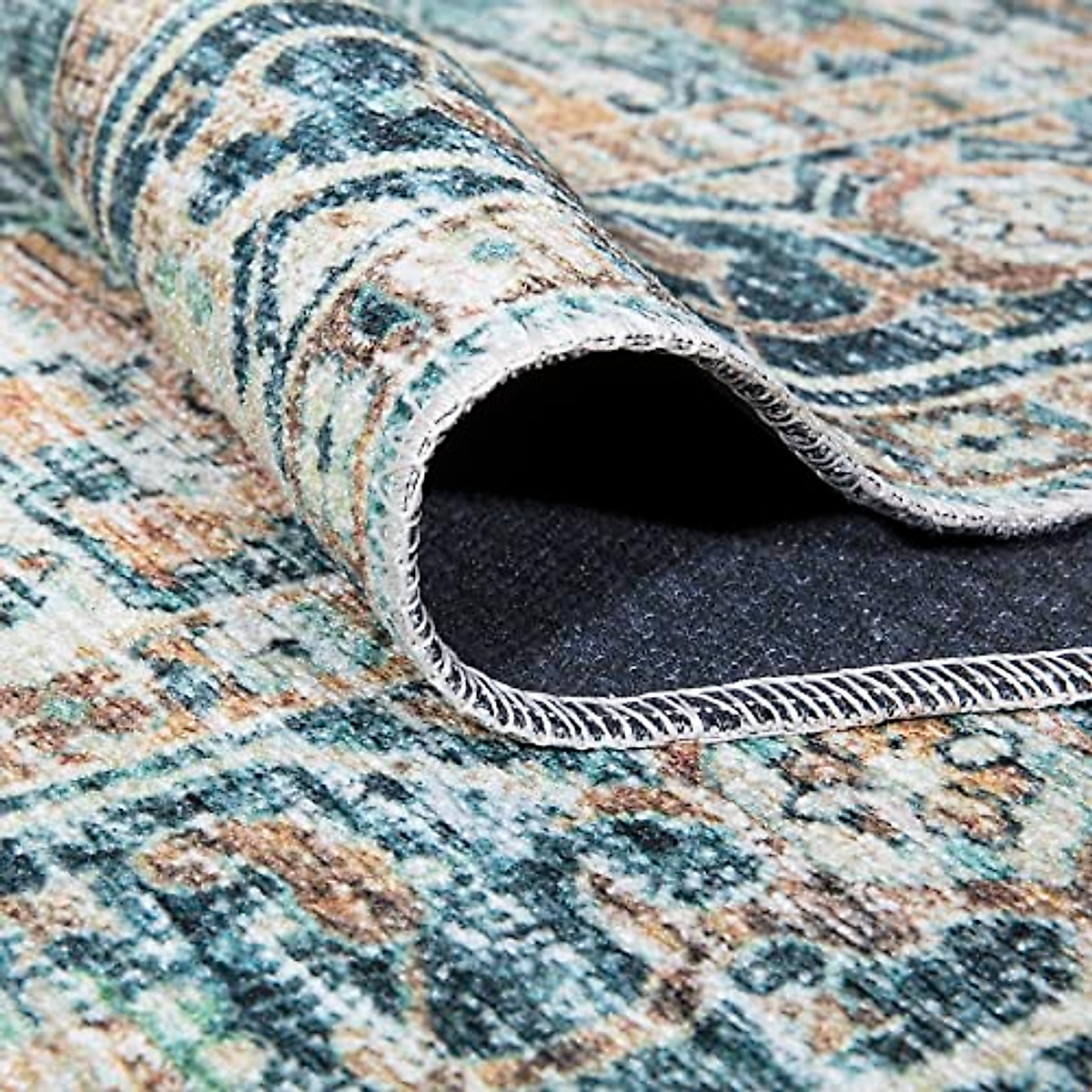 Bloom Rugs Caria Washable Non-Slip 5x7 Rug - Blue Green/Tangerine Area Rug for Living Room, Bedroom, Dining Room and Kitchen - Exact Size: 5' x 7'