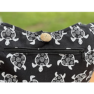 Fully Lined Sea Turtle Crossbody Sling Bag - Front Zippered Pocket - Handmade Bohemian Thai Hippie hobo Shoulder Cotton Purse - Medium - Black and White (Black and White)