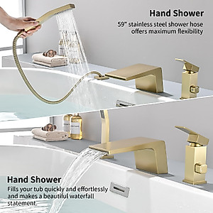 Waterfall Roman Tub Faucet with Hand Shower Deck Mount Bathtub Faucet with Hand Shower Widespread Bathtub Faucets Set Bathtub Shower Faucet Set Brushed Gold - 1725BG