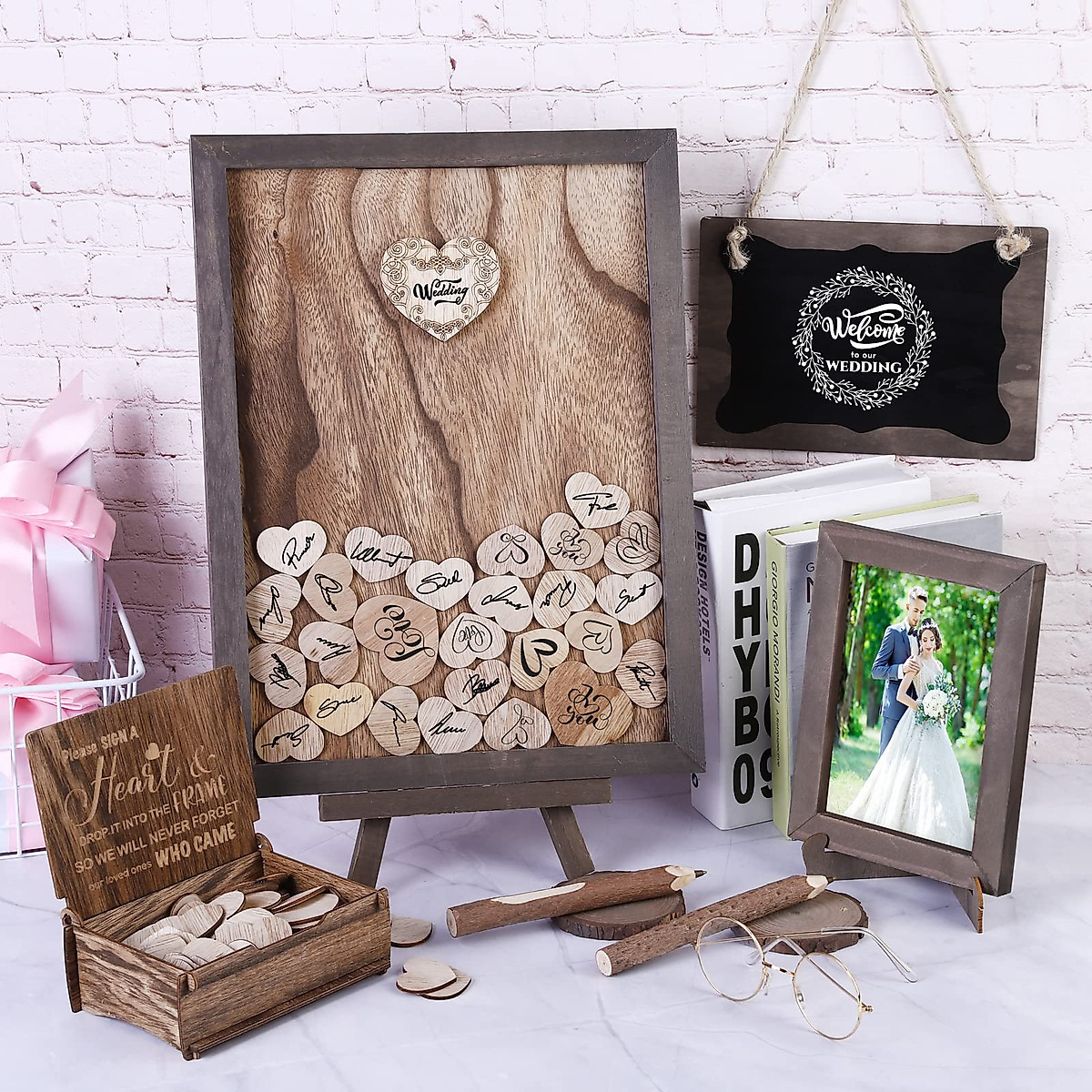 durony Wedding Guest Book Set Drop Top Frame Sign Book with 122 Pieces Wooden Hearts Wooden Picture Frame Rustic Wedding Decorations for Reception Wedding Gift, Log Brown