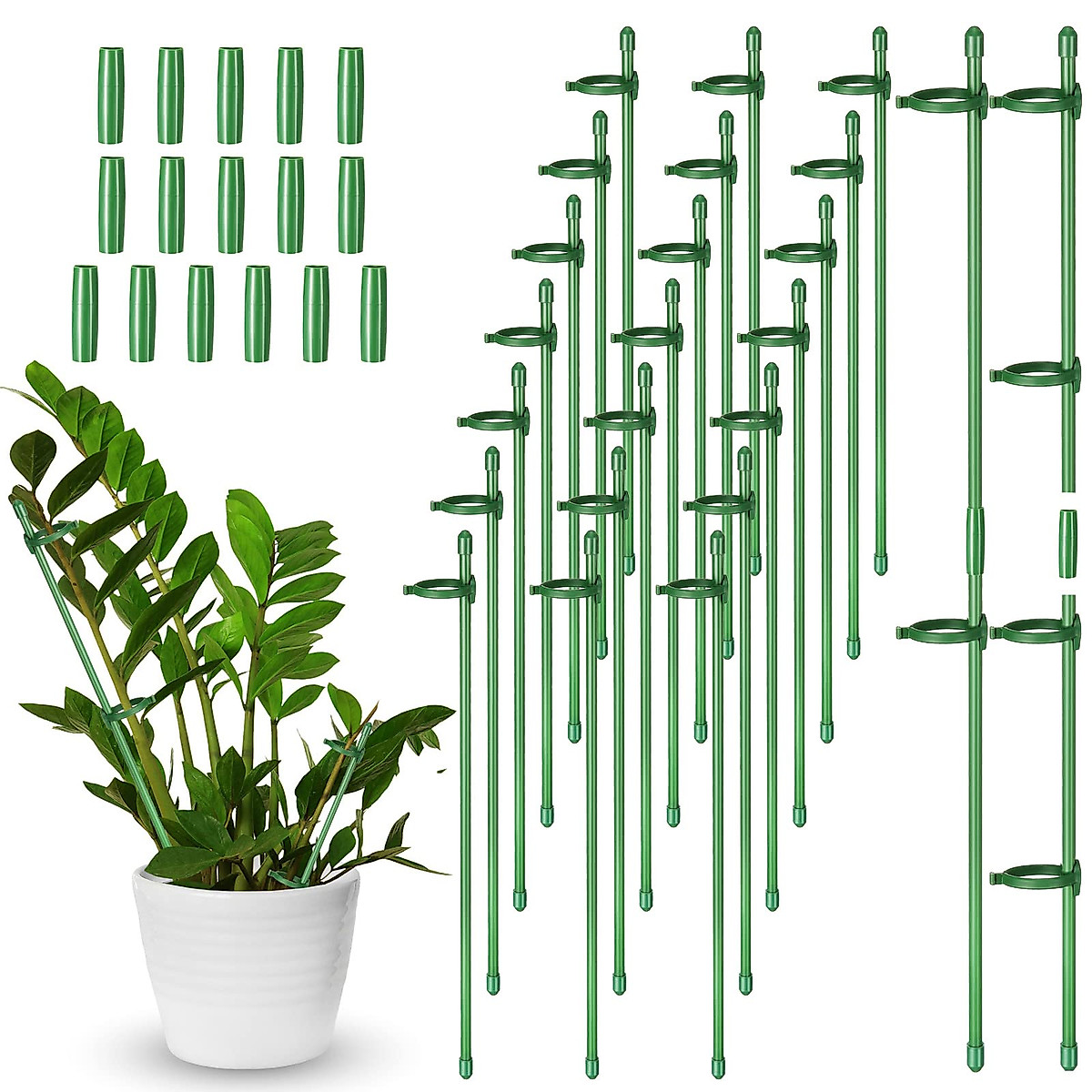 30 Pcs Adjustable Plant Support Stakes Garden Single Stem Support Stake Plant Cage Support Rings with Plant Clips and Connect Pipe for Orchid Rose Tomato, 12 Inch (Green)