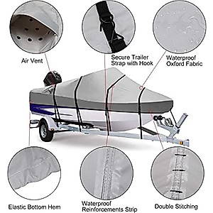 RVMasking 600D Heavy Duty Waterproof Trailerable Boat Cover with Storage Bag Fits Bass Boat, V-Hull, Runabout, Fish&Ski, Tri-Hull, Marine Grade Boat Cover Length: 17’-19’, Beam Width up to 96”