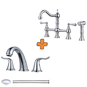 WOWOW 3 Hole Widespread Bathroom Faucet Chrome Bathroom Sink Faucets 2 Handle Bath Faucet 8 inch and 4 Hole Kitchen Faucet with Sprayer, 8 Inch Centerset Brass Bridge Kitchen Faucet