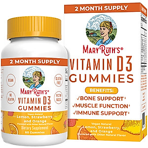 MaryRuth Organics Vitamin D3 Gummies, 2 Month Supply, Adults & Kids Gummies, Immune Support Supplement, Vitamin D3 1000IU for Bone Health & Muscle Function, Vegan, Non-GMO, Gluten Free, 60 Count