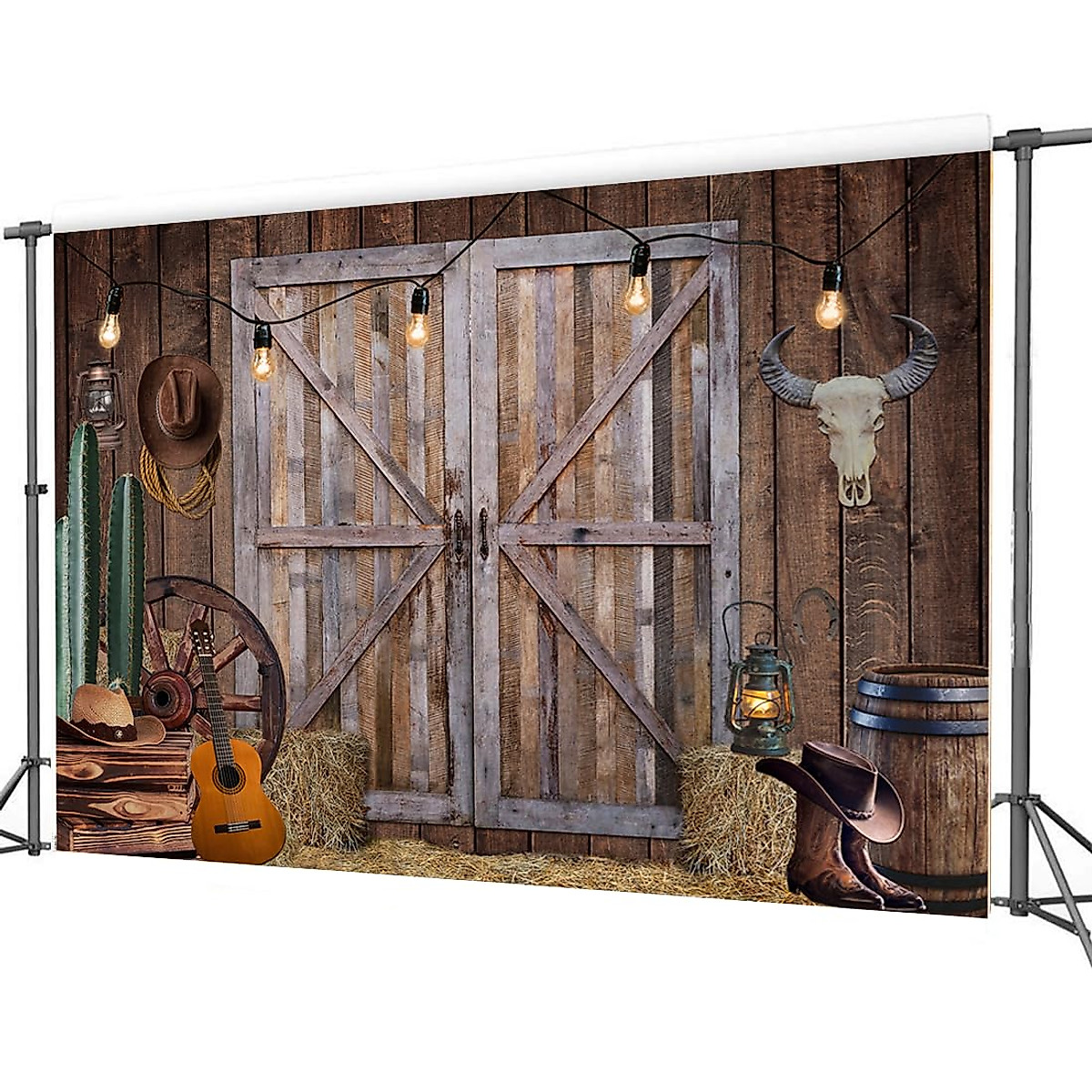 Dudaacvt 8x6FT Western Cowboy Backdrop Western Party Supplies Decorations Wild West Decor Rustic Wooden House Barn Photography Background for Boy Baby Birthday Banner D671