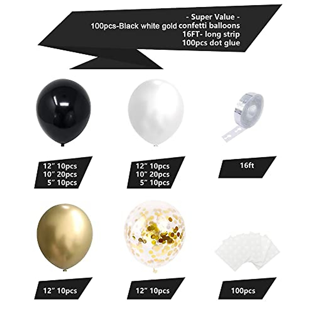 Black White Gold Balloons Garland Kit - 100Pcs Black White Metallic Gold and Gold Confetti Latex Balloons Arch for Wedding Engagement Birthday Party Decorations