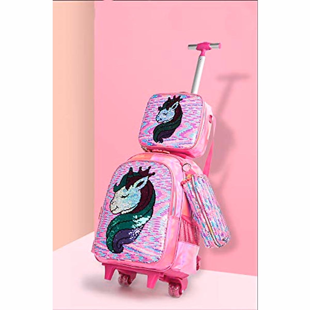 Egchescebo School Kids Rolling Backpack for Girls and Boys With Wheels Trolley Wheeled Backpacks for Girls Travel Bags 3PCS Girls and Boys Backpack With Lunch Box Rose Red