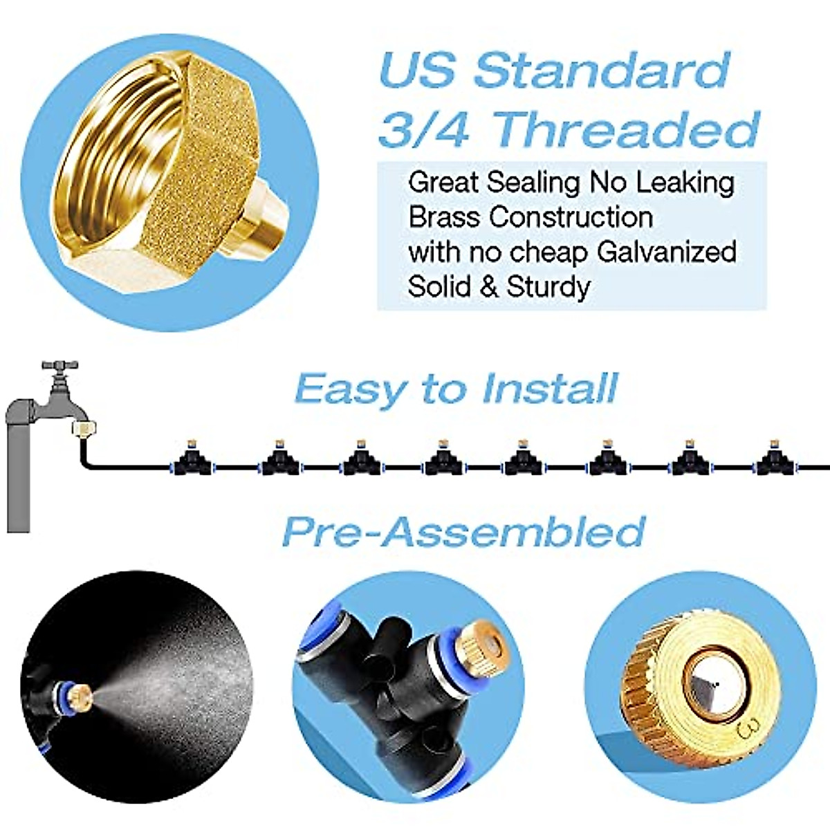 H&G lifestyles Misters for Patio Misting System 26.2FT (8M) Misting Line 8 Brass Mist Nozzles Brass Adapter DIY for Patio Garden Umbrellas Greenhouse Trampoline