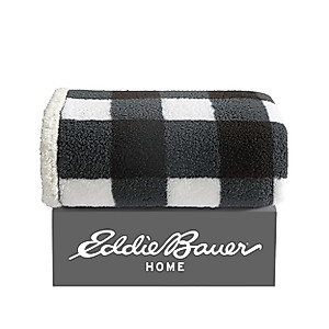 Eddie Bauer - Throw Blanket, Reversible Sherpa Fleece Bedding, Buffalo Plaid Home Decor for All Seasons (Black Check, 50" x 60")
