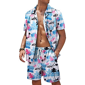 COOFANDY Men's Hawaiian 2 Piece Short Set Cruise Wear Short Sleeve Button Down Shirts and Shorts