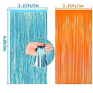 MIKIMIQI 2 Pack Blue Orange Foil Metallic Fringe Curtains for Party Decorations Blue Orange Curtain Backdrop Streamer for Birthday Party Dart War Party Supplies Party Decors, 3.25ft x 6.5ft x 2pcs