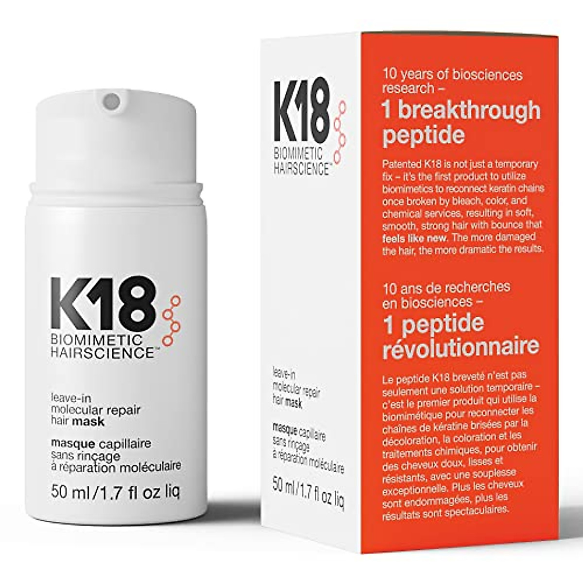 K18 Leave-In Molecular Repair Hair Mask Treatment to Repair Damaged Hair - 4 Minutes to Reverse Damage from Bleach, Color, Chemical Services, 50 ml