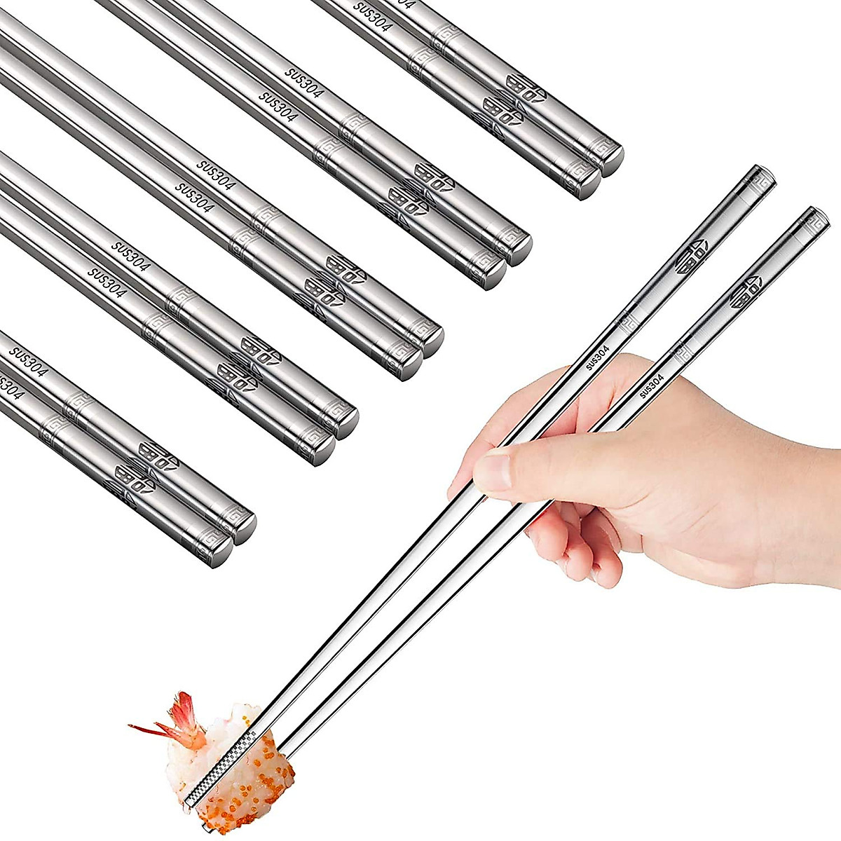 Chopsticks Reusable Metal Chopsticks 304 Stainless Steel Chopsticks Set Square Non-slip Dishwasher Safe Premium Quality Lightweight Reusable Chop Sticks Japanese Korean Laser Engraved 5 Pairs Gift Set