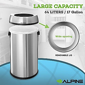 Alpine17 Gallon Stainless Steel Trash Can - Heavy Duty Garbage Bin for Home & Business Wastes (Open Top)