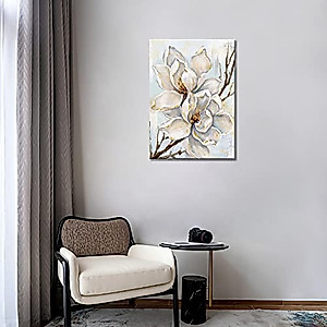 Novup White Flower Wall Art Blooming Floral with Gold Foil Canvas Print Wall Art The Picture for Living Room Bedroom Contemporary Wall Painting Decoration Modern Abstract Artwork