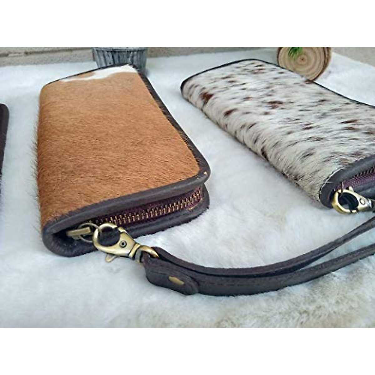 Womens Zipper Wristlet Clutch - Brown Cow Hide Cow Skin Leather Hand Clutch Zip Phone Wallet Clutch Card Case 8' X 4' - Gift for her