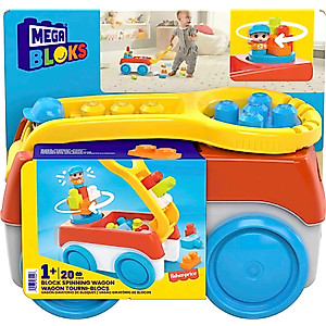 Mega BLOKS First Builders Toddler Building Toy Set, Block Spinning Wagon with 20 Pieces and Storage, 1 Figure, Ages 1+ Years